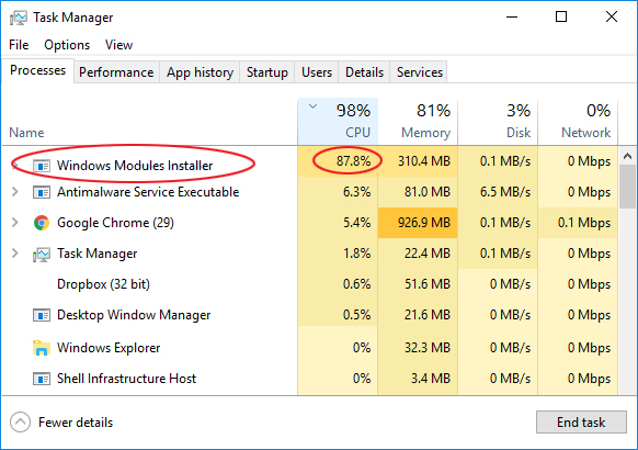 Windows modules installer using 100% CPU